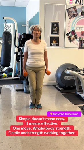 Join Trainer June’s facebook subscription program 💪🏼 🌿 🔥 Jumping Jacks with Heavier Weights (50 / Mature Adults) Hold a heavier pair of weights securely in your hands. Perform jumping jacks with control and good posture. Land softly, keep your core engaged, and move with intention. Why this simple exercise is so great: ✔️ Boosts heart health and cardiovascular endurance ✔️ Strengthens arms, shoulders, and upper body while moving ✔️ Engages the core for stability and balance ✔️ Improves coord