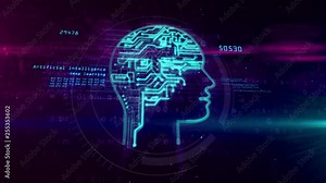 Artificial intelligence head shape hologram on digital background. Deep learning, AI and cybernetic brain abstract concept animation.