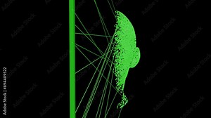 3D face scanning. The appearance of a face from separate dots. The beams scan the head. 3D animation.