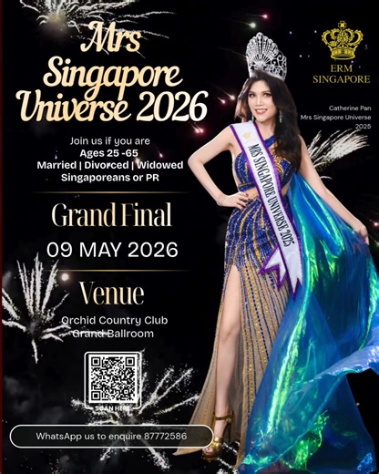Mrs Singapore Universe 2026 is calling A platform dedicated to empowering married women in Singapore to rise with confidence, embrace leadership, and inspire others. Recruitment for Mrs Singapore 2026 is now open. Your journey begins here. 📩 Register Online now: https://www.ermworld.org/Mrs-Singapore-Pageant ☎️Whatsapp: 8777 2586 #MrsSingaporePageant #singaporewomen #beautywithaheart #empoweredwomen #empoweringwomen #aspiretoinspire | Mrs Singapore Pageant