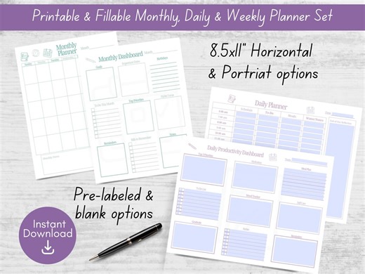 Printable Fillable Digital Monthly Weekly and Daily Planner Set Bundle. Productivity Dashboard. Undated Planner Pages. - Etsy