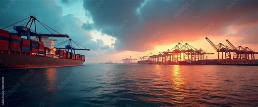 Cinematic cargo ship glides through vibrant harbor at sunset, while cranes unload containers; slow pan captures industrial maritime scene with gentle waves and dramatic skies.