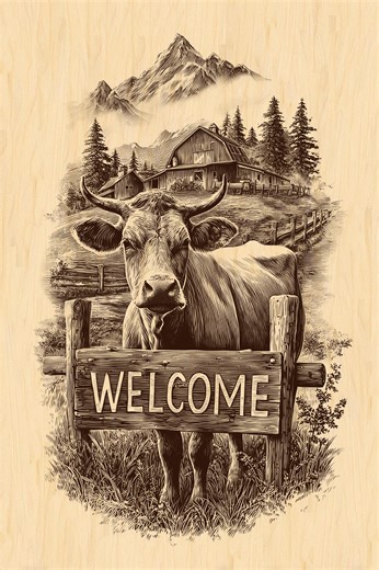 Farm Welcome Sign Engraving PNG | Rustic Cow and Barn Scene for Glowforge & CNC | Country Home Decor PNG - Etsy