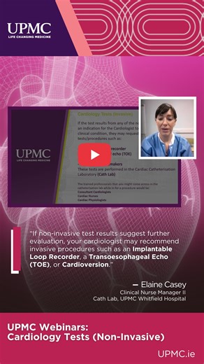 What are the non-invasive cardiology tests used to diagnose a variety of cardiac issues? Elaine Casey, Clinical Nurse Manager II, at UPMC Whitfield Hospital’s Cath Lab discusses Electrocardiograms (ECG), Echocardiograms (ECHO), Holter Monitoring, Blood pressure monitoring, and exercise stress testing. Watch the full cardiology webinar on the UPMC Ireland YouTube Channel or visit UPMC.ie to learn more about our cardiology services. #cardiology #cardiaccare #hearthealth #webinar | UPMC Ireland