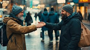 Compassionate gestures in everyday life, featuring a person offering a helping hand to someone in need on a busy street, conveying a moment of kindness and empathy
