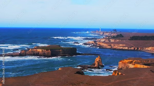 Point Arena Lighthouse Sea Lion Rocks Cove Racas California aerial drone Stornetta coastal Trail Mendocino coast sunny daytime morning afternoon blue sky waves vista point scenic view static shot Stock Video