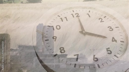Large translucent clock opening over urban rooftop, hands advancing clockwise, showing elapsed time