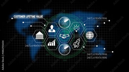 Customer lifetime value analysis graph with business icons and world map background video