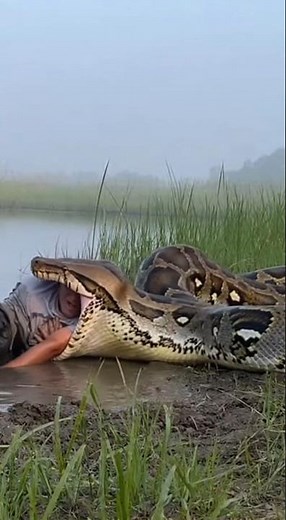 A ferocious python swallowed a man while he was walking alone near a water's edge. #A #a #python