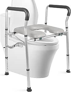 Raised Toilet Seat with Handles for Seniors, Stable Handicap Toilet Seat, Adjustable Toilet Seat Riser with Rollover Prevention Holders for Elderly, Pregnant, Obese Up to 350lbs