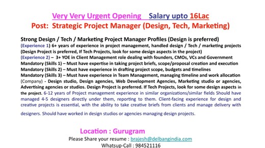 Brajesh Kumar Jha on Instagram: "#UrgentHiring - Strategic Project Manager Salary: upto 16Lac Location: #Delhi # Gurugram Email: brajesh@delbangindia.com #Product #Healthcare #Healtech #AIML #Lifescience ##Science #Programmatic #Engineering #intelligence #pharma #Designer #Design #Python #LLM #Deep #C++ #Unix #AIML #ai #ml #mechine #cloud #Security ##Cyber #Cspm #Hippa #kubernetes #runtime #images"