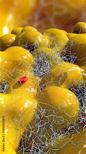 Fat cells, adipocyte and lipocyte, cholesterol in a cells, blocked vessel in high level of LDL (bad cholesterol) lipoprotein, risks of heart disease, stroke, and vascular damage,