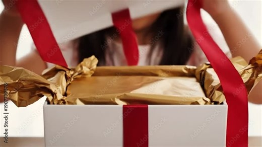 Little Girl Opens White Gift Box with Red Ribbon, Reacting with Awe and Excitement - Holiday Surprise Reveal