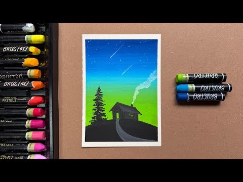 Easy Night Landscape Drawing with Oil Pastels 🌌 | Hut & Shooting Stars Scenery | Step-by-Step