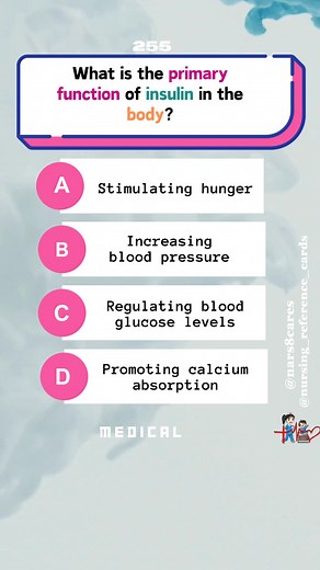 What is the primary function of insulin in the body? * * * #nurses #doctors #nursing #medical #nurseexam #NCLEX #nclexreview #nclexrn #registerednurse #medicaldoctor #medicine #studentlife #exam #exampreparation #nclexprep #nursingstudent #medicalstudent #RN #NMC #NGN #PNLE #NLE #USRN #RN #rnlife #nursinglife #fbreels #fypシ゚ @highlight @followers @everyone | Nursing Reference Cards