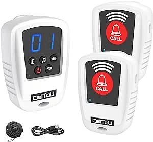 CallToU Caregiver Pager Wireless Call Button Smart Life Alert Systems for Seniors Elderly 2 Hangable Transmitters 1 Portable Receiver