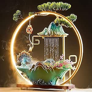Peacock Tabletop Fountain Indoor Waterfall Fountain with Lights Indoor Water Fountain with Pump Fogger Waterfall Incense Burner Fake Plants Zen Decor for Home Office Bedroom Living Room