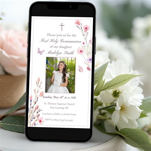 First Holy Communion Custom Photo Evite | Floral 1st Communion Editable Picture Invitation Template (instant Download) - Etsy