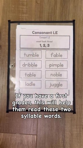 Katie Reel | Science of Reading | Dyslexia Tutor | Coach on Instagram: "Consonant + LE syllable type has a fun little rhyme to learn that helps the students know how and where to split the word. “Consonant LE count back three” The first syllable will have a short sound (like /a/ in apple) if there is a consonant following that vowel. It will say it’s long sound (or the name like in /o/ no) if it’s an open syllable with nothing after the vowel. If you want this freebie sort, comment link and I’ll