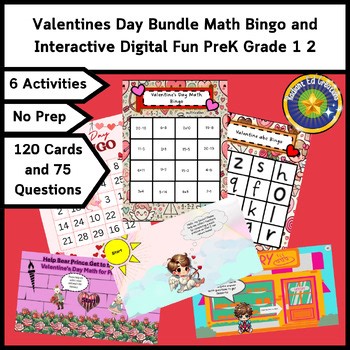 Valentines Day Bundle Math Bingo Logic Puzzle Game Digital Letter Add Subtract