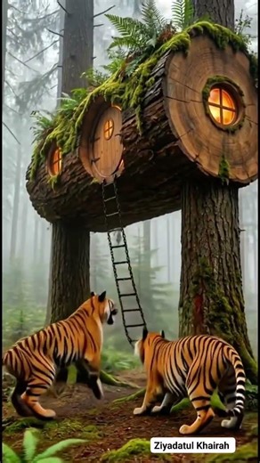 Hanging Treehouse Made of Logs Built Between Two Trees, Complete with Iron Chain Ladder