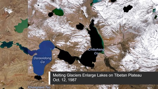 The Tibetan Plateau, home to tens of thousands of glaciers, is very sensitive to climate change. Water from melting glaciers has created hundreds of new lakes and enlarged existing ones, such as the main pair shown here. Learn more at our Images of Change: https://climate.nasa.gov/images-of-change?id=778#778-melting-glaciers-enlarge-lakes-on-tibetan-plateau | NASA Climate Change