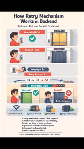 FromLogicToLaunch on Instagram: "🚀 How Retry Mechanism Works in Backend Explained Simply! Ever wondered what happens when an API fails? Does it just give up? ❌ Or does the backend try again? 🤔 In this reel, I explained Retry Mechanism using a real-life elevator analogy 🛗👇 ✅ What is a retry mechanism ✅ Why retries are needed ✅ How backend avoids infinite retries ✅ What is exponential backoff ✅ When retries are dangerous ✅ How real systems stay reliable 💡 Key takeaway: Retries make systems re