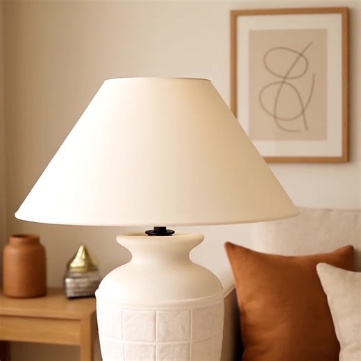 Handmade Ceramic Table Lamp 48cm Cream Textured Base Fabric Shade Modern Minimal Bedside Light