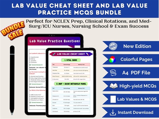 Lab Values Cheat Sheet + 100 NCLEX Practice Questions | Nursing Study Guide PDF | Lab Values Memory Tricks | Nursing Student Exam Prep - Etsy