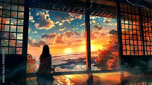 A character from a Japanese anime lounged beside the expansive window, gazing out at the cityscape beyond. anime looping video background animation