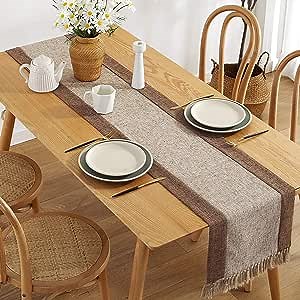 15 x 108 inch Table Runner-Burlap Patchwork Double Layer Table Runners with Fringe for Farmhouse Kitchen Living Room Party Spring Holiday-Beige