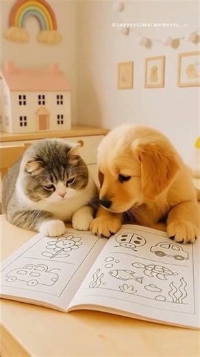 Cat and Puppy Study the Picture Book 🐱🐶