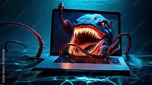 A monstrous sea creature emerges from a laptop screen, its tentacles wrapping around the device and reaching out towards the viewer, symbolizing the dangers of the digital world.