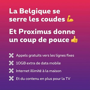 1M views · 12K reactions | La Belgique se serre les coudes et Proximus donne un coup de pouce. Appels gratuits vers les lignes fixes, 10GB extra de data mobile, internet illimité à la maison et du contenu en plus pour la TV. Ces initiatives seront activées chez tous nos clients au plus tard ce dimanche soir. Découvrez tous les détails sur https://www.proximus.be/fr/id_b_cr_proximus_helps/particuliers/blog/news/de-source-sure/proximus-aide.html | Proximus | Facebook