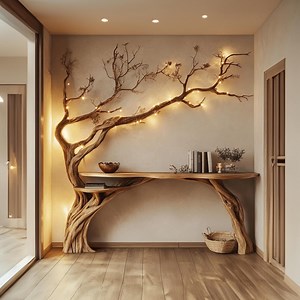 Rustic Reclaimed Wood Console Table With Tree Bookshelf, Custom Entryway Foyer Table - Etsy