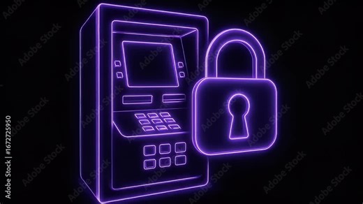 Secure ATM: This illustration features a stylized ATM machine, illuminated with neon lines and a secure padlock, suggesting digital security and financial protection.