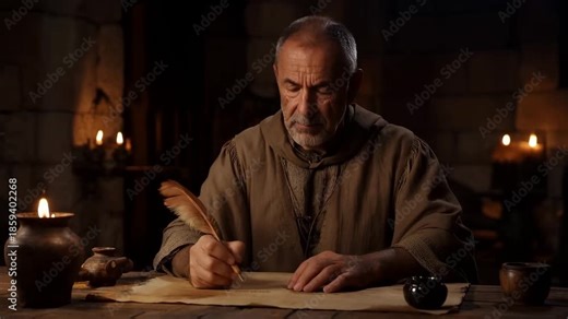 AI genereted video of Apostle Paul writing the Epistles. Saint Paul writing a letter on parchment with a quill in ancient room