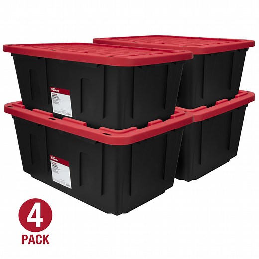 (Pack of 4) Hyper Tough 27 Gallon Large Storage Bin with Snap Lid, Black and Red, Heavy Duty Plastic Storage Container