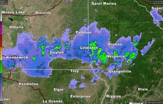 8:00 PM: Radar loop, showing showers & t-storms tracking into southeast WA & the lower ID Panhandle. Wind gusts to 50 mph, small hail and brief heavy rain possible, along with lightning. #wawx #idwx | US National Weather Service Spokane Washington