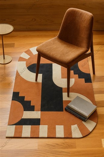 Mid-century Modern Hand-tufted Wool Area Rug: Curved Edge & Bronze Geometric Pattern - Etsy