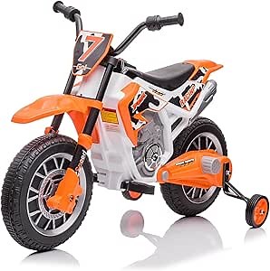 12V Kids Ride on Motorcycle Dirt Bike Toy 4 Wheel Battery Powered Off-Road Motorbike with Training Wheels, 3 mph Top Speed, Music, Charger for Boy Girl Age 3+