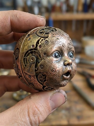 ⚙️🕰️ A precision machine learns how to taste itself. Polished clockwork gears and iris blades tighten as the baby face leans in, jaws moving with deliberate mechanical resistance. Each chew sends subtle tension through the metal — a slow, rhythmic grind that feels engineered, intentional, alive. The moment ends in stillness, with faint metallic dust resting on its lips and a quiet sense of mechanical satisfaction. 👇 Rate this clockwork bite 1–10 and comment what mechanical texture I should fee