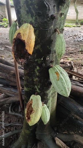 Young green cocoa pods on tree trunk damaged by pests and fungal disease, immature cacao fruit with black rot and holes in plantation, crop failure.