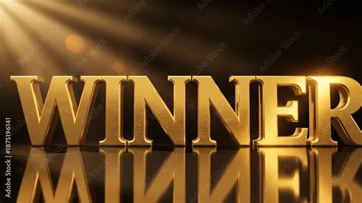 Golden 3D WINNER text animation with cinematic light rays. Award ceremony intro for victory and success. First place achievement