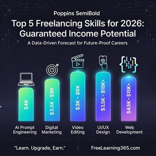 🚀 Top 5 High-Demand Freelancing Skills in 2026 💸 How Much You Can Earn & How to Get Started 💡 Fact: In 2026, freelancing success isn’t just about skill. It’s about strategy, portfolio, and client trust. Here’s the real-world breakdown of the skills that will pay you big 👇 1️⃣ AI Prompt Engineering 💰 Potential Income: $600–$2,000/month Scenario: A company wants automated content. You design AI prompts that generate blogs, ads, or social posts. Rule: Clarity creativity = results. One poorly w
