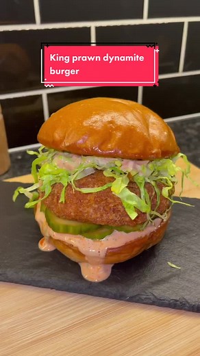 Delicious King Prawn Panko Dynamite Burger Recipe with Gochujang Pickles