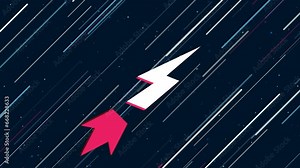 Lightning symbol flies through the universe on a jet propulsion. The symbol in the center is shaking due to high speed. Seamless looped 4k animation on dark blue background with stars