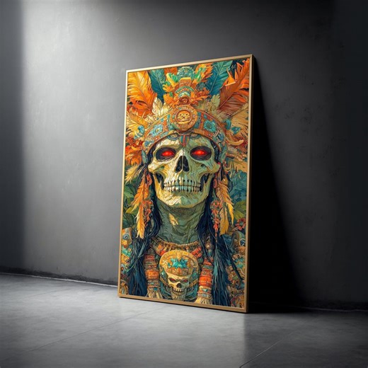 Aztec Skull Warrior Canvas, Glowing Red Eyes Skeleton Art, Tribal Feather Headdress Wall Decor, Ancient Mesoamerican Canvas Art - Etsy