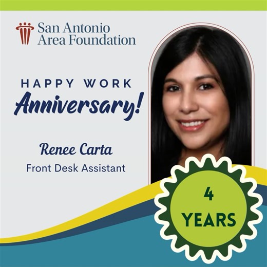 Today, we celebrate Renee Carta, our incredible Front Desk Assistant, who has been the welcoming face of our organization for four wonderful years. 🌟 Renee's dedication and warm smile have been an integral part of our team, making everyone feel at home as they walk through our doors. Thank you for your outstanding service and for being a vital part of our journey towards community excellence. Congrats! #Anniversary #TeamMemberSpotlight | San Antonio Area Foundation