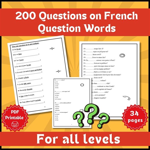 200 Questions on French Question Words | Grammar Practice Worksheets - Les Mots Interrogatifs - Etsy